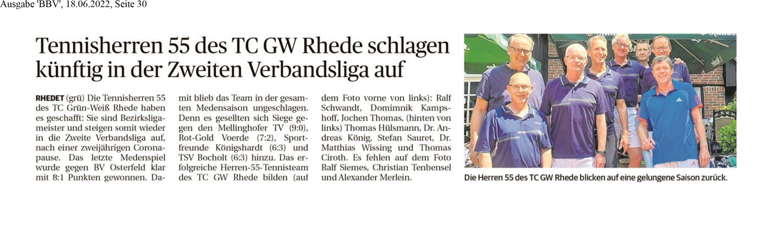 Tennisherren 55 des TCGW Rhede schlagen künftig in der Zweiten ...